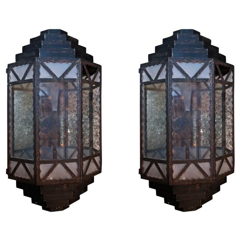 Big Pair of Sconces in Glass and Iron, French, Style: Art Deco For Sale ...