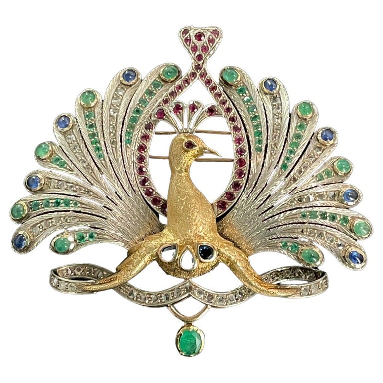 Big Peacock with natural Gemstones - Brooch and Hair Pin and Pendant ...