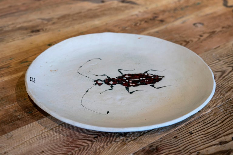 Big Round Plate in hand painted Ceramic with Insect For Sale at 1stDibs