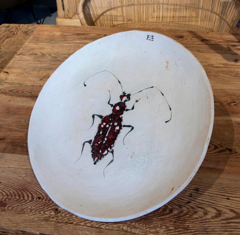 Big Round Plate in hand painted Ceramic with Insect For Sale at 1stDibs