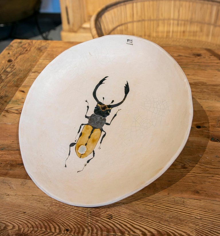 Big Round Plate in hand painted Ceramic with Insect For Sale at 1stDibs