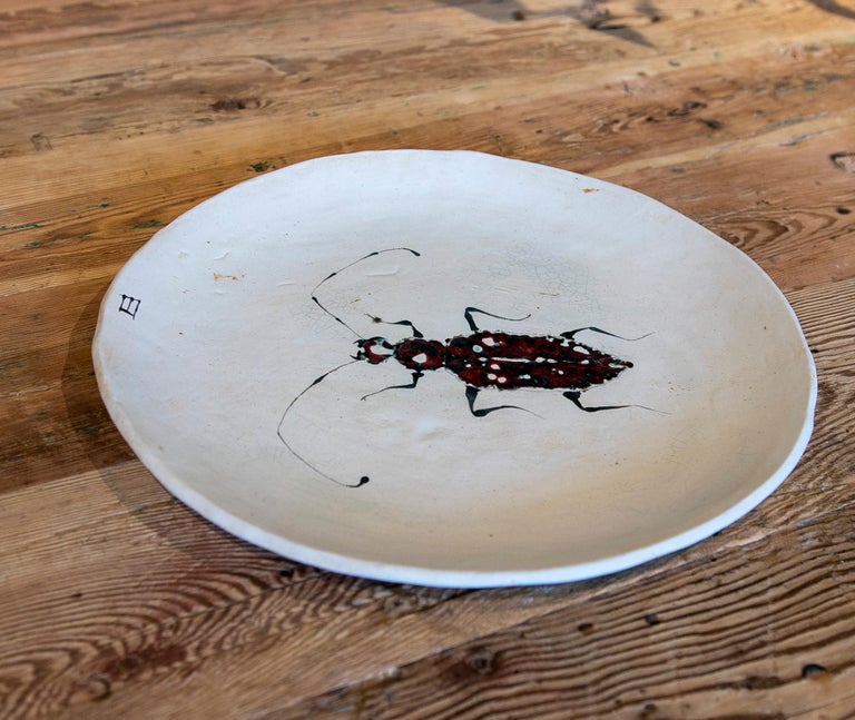 Big Round Plate in hand painted Ceramic with Insect For Sale at 1stDibs