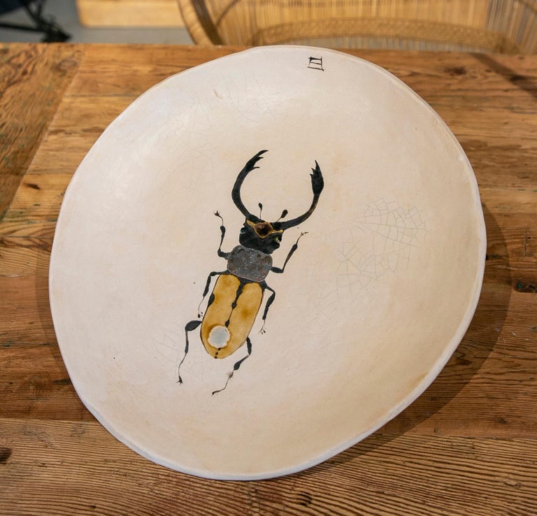 Big Round Plate in hand painted Ceramic with Insect For Sale at 1stDibs