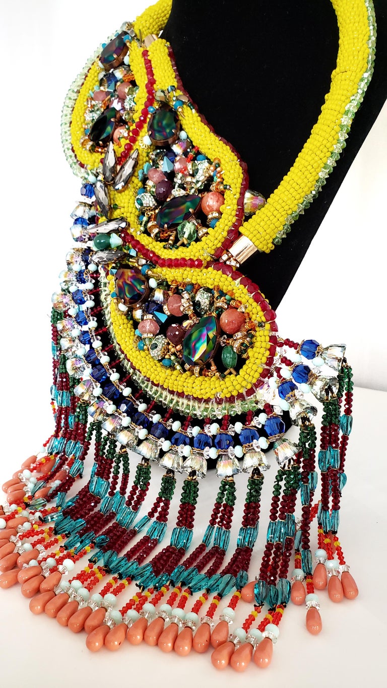 Big Swarovski Crystal and Multi-Beaded Embellished Paisley Tassel Bib ...