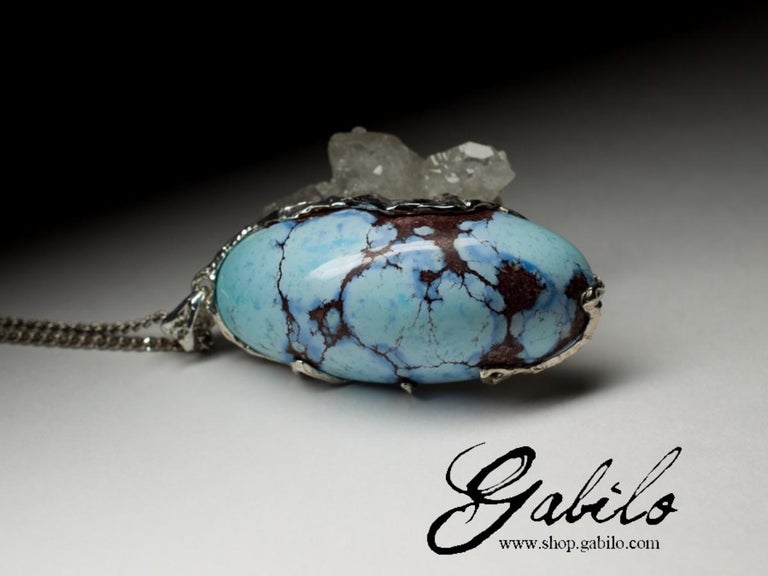 Big Turquoise Silver Pendant Navy Blue Cabochon Unisex Necklace For ...