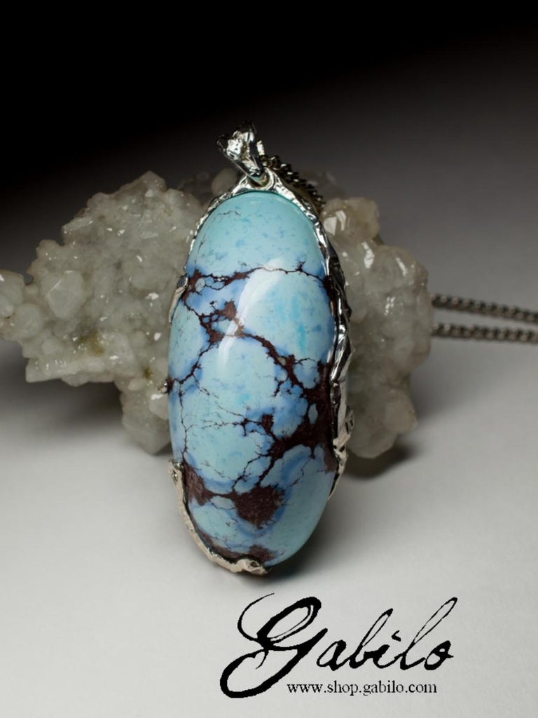 Big Turquoise Silver Pendant Navy Blue Cabochon Unisex Necklace For ...
