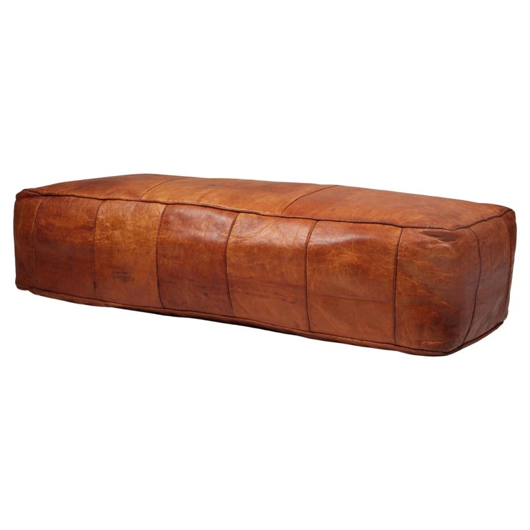 Big Vintage Pouf in Patinated Cognac Leather, 1960's at 1stDibs