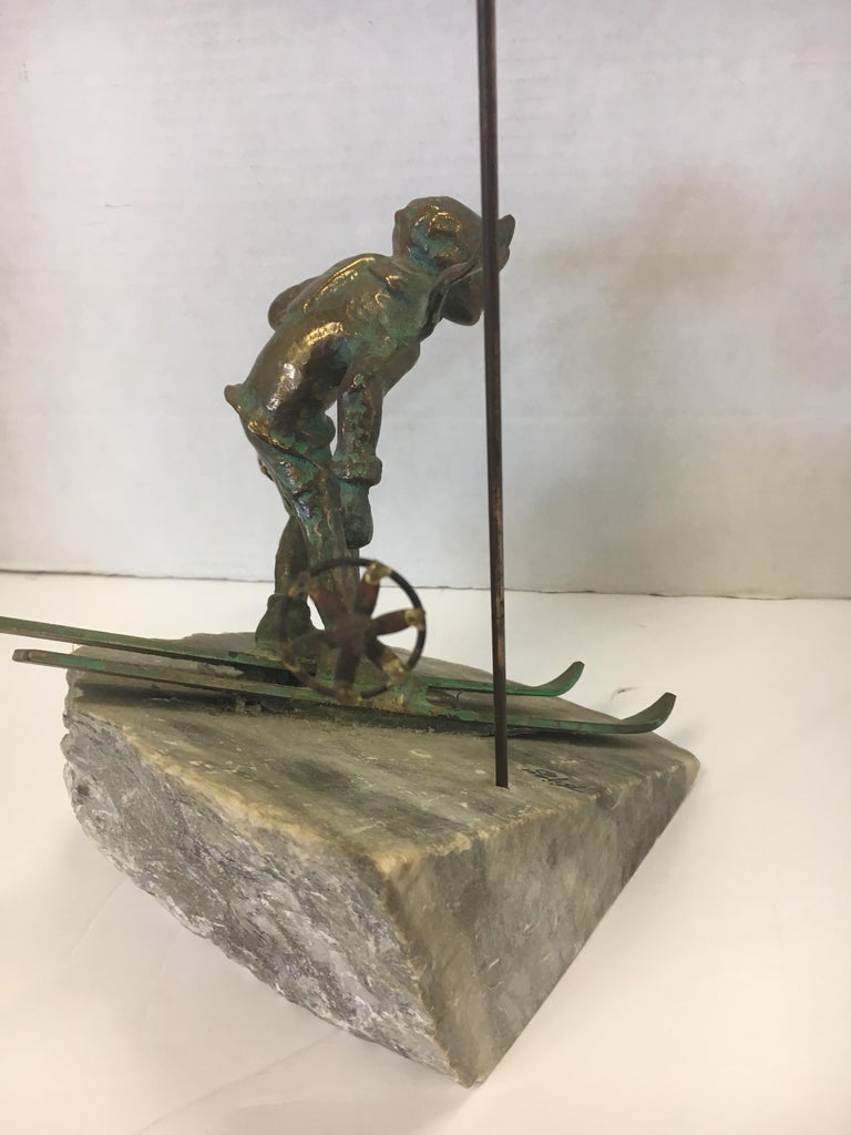 Bijan Signed Brass Brutalist Table Sculpture Skier Ski For Sale at 1stDibs