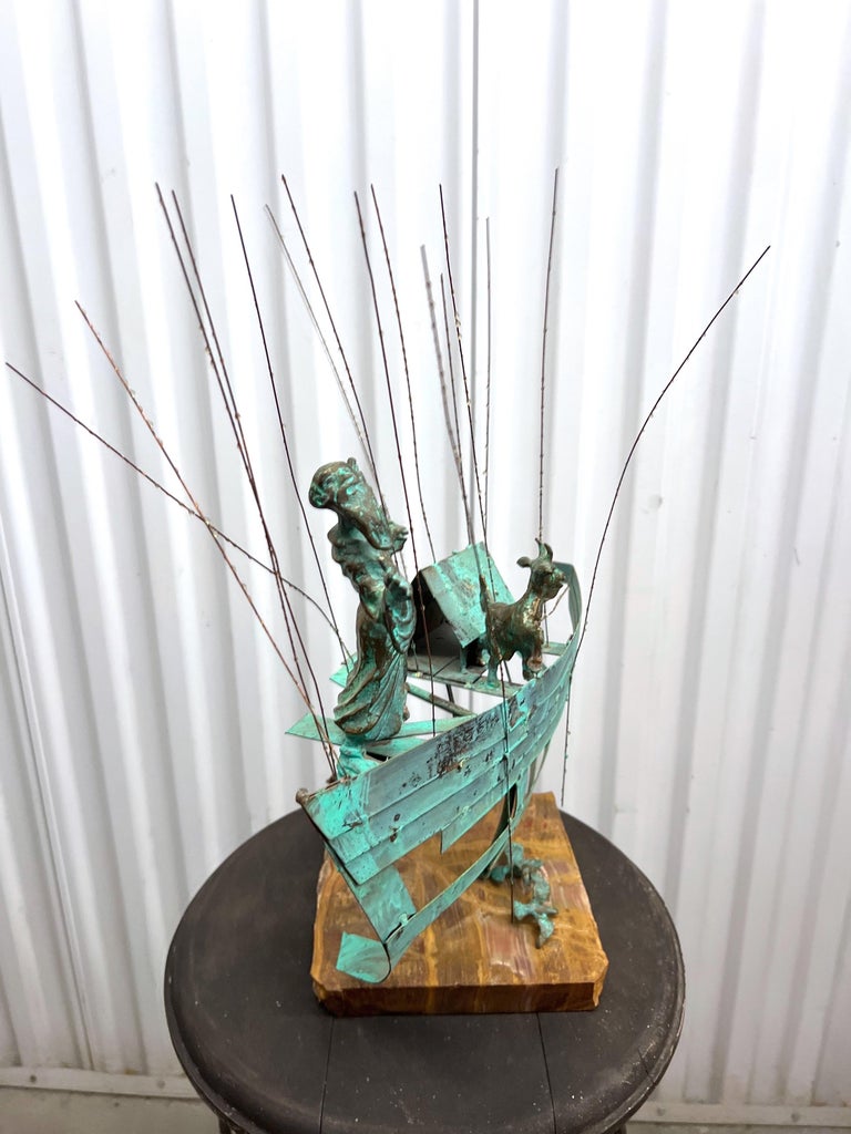 Bijan Signed Metal Art Sculpture of Man on Boat with Goats For Sale at ...