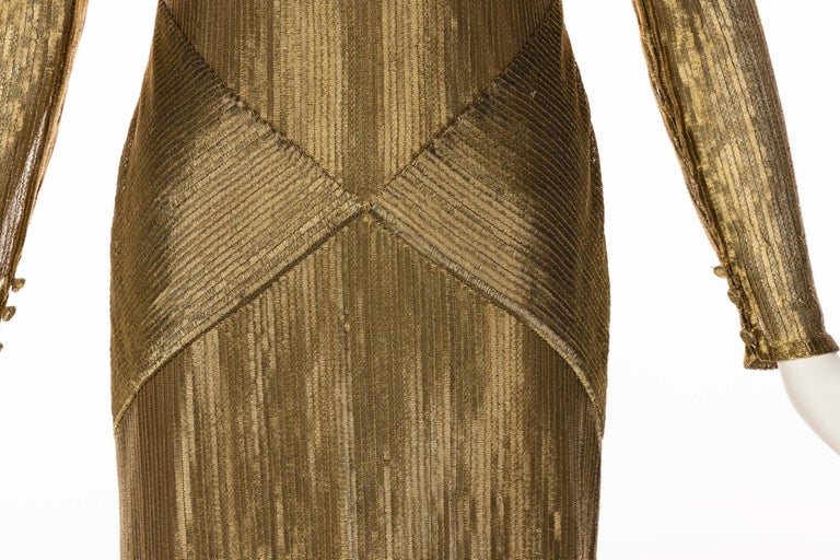Bill Blass Gold Metal Fishtail Column Maxi Dress, 1980s at 1stDibs