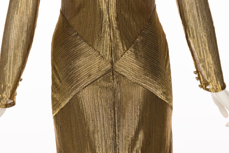 Bill Blass Gold Metal Fishtail Column Maxi Dress, 1980s at 1stDibs