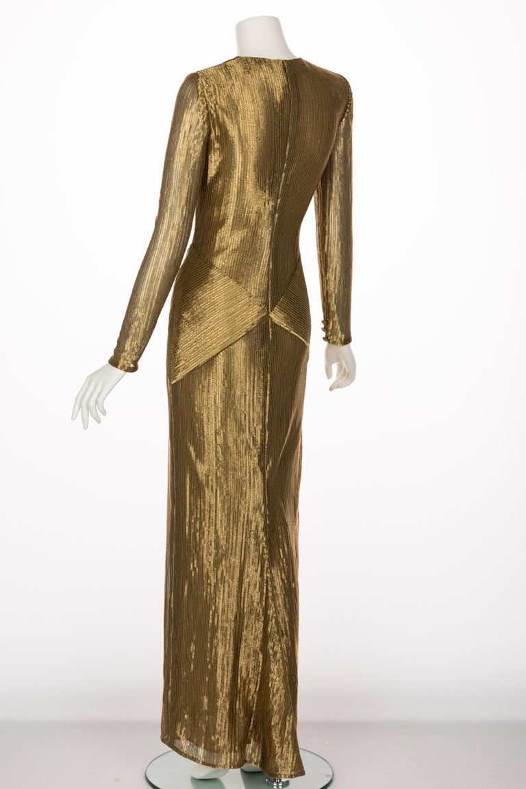Bill Blass Gold Metal Fishtail Column Maxi Dress, 1980s at 1stDibs