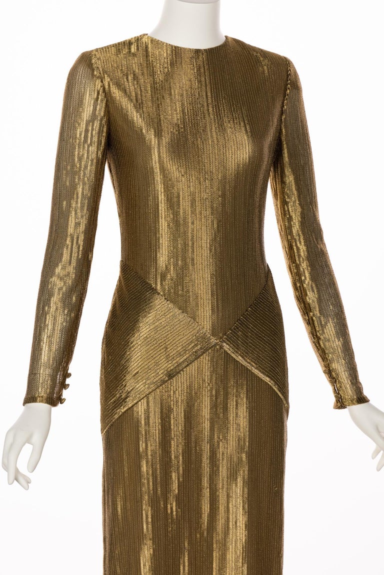 Bill Blass Gold Metal Fishtail Column Maxi Dress, 1980s at 1stDibs