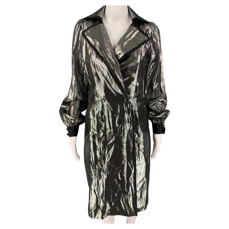BILL BLASS Size 2 Silver Black Silk Metallic Double Breasted Coat For ...