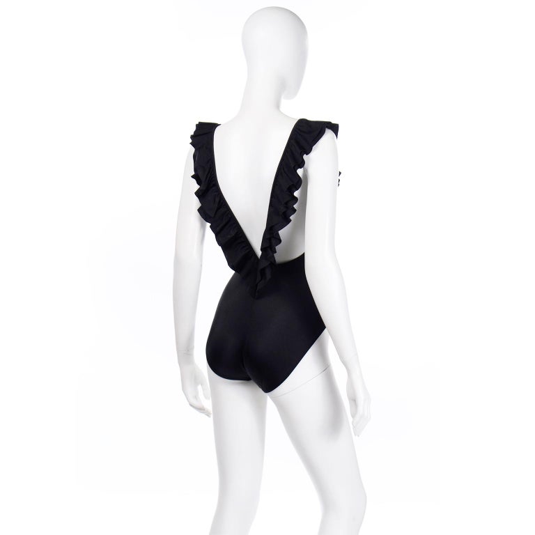Bill Blass Vintage Deadstock Black Ruffled One Piece Swimsuit W