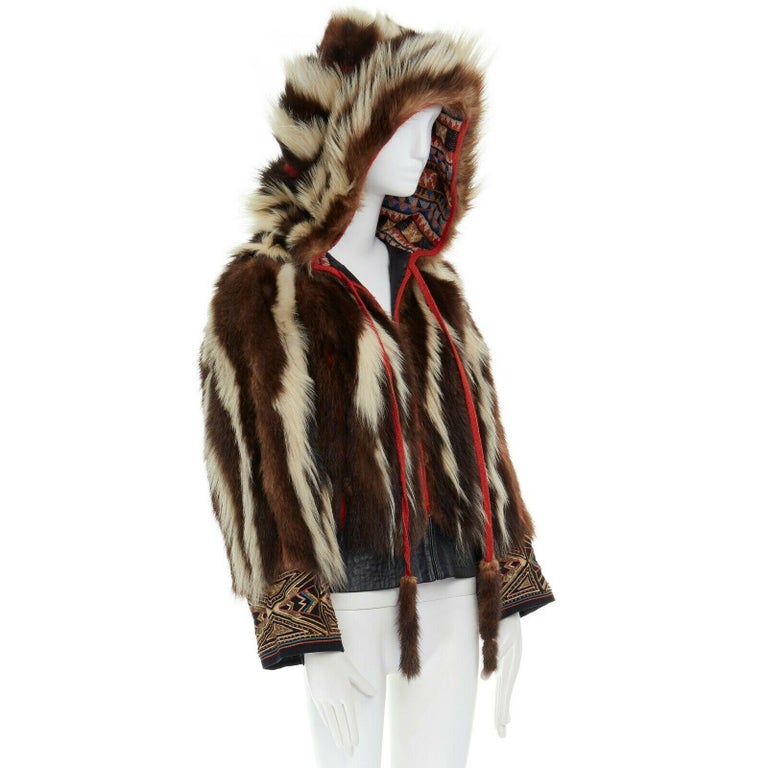 BILL GIBB PHILIP HOCKLEY brown genuine fur ethnic embroidery hooded ...