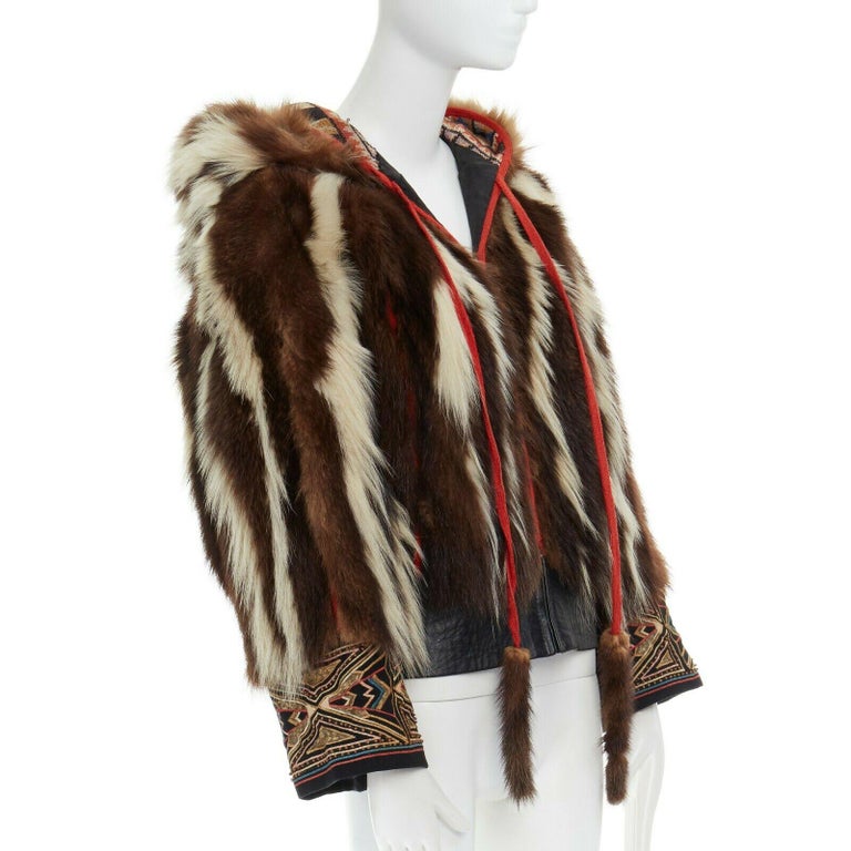BILL GIBB PHILIP HOCKLEY brown genuine fur ethnic embroidery hooded ...