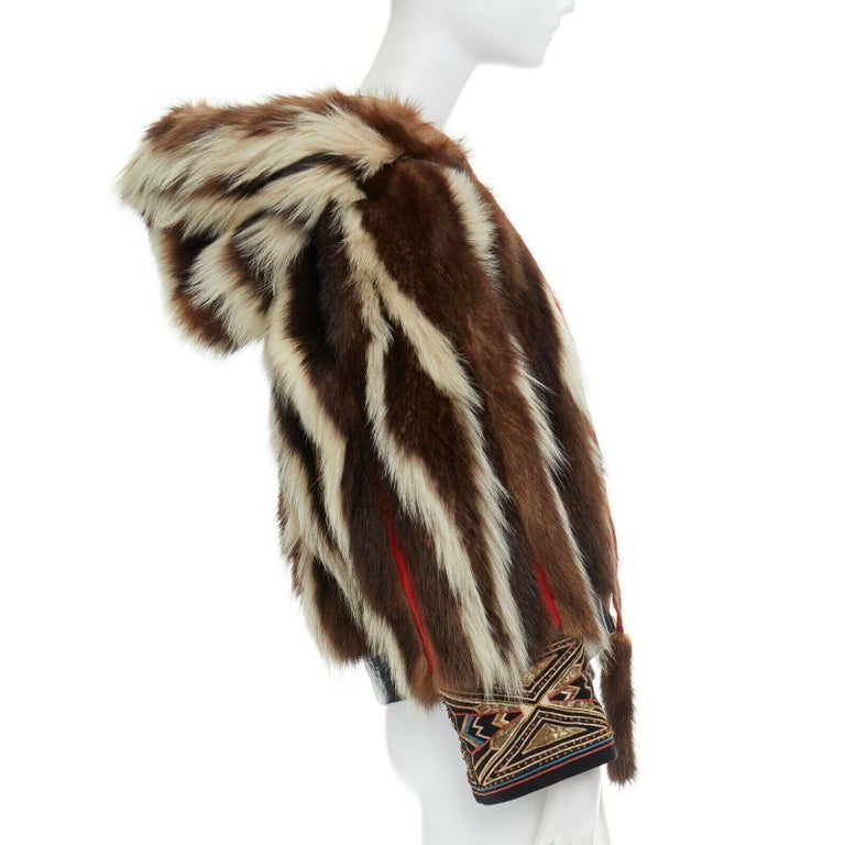 BILL GIBB PHILIP HOCKLEY brown genuine fur ethnic embroidery hooded ...