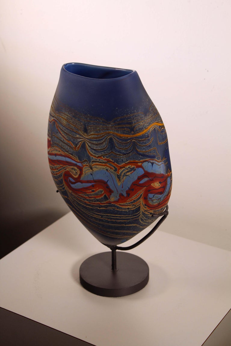 Bill Poceta Signed Hand Blown Art Glass Vessel on Stand Red and Blue ...