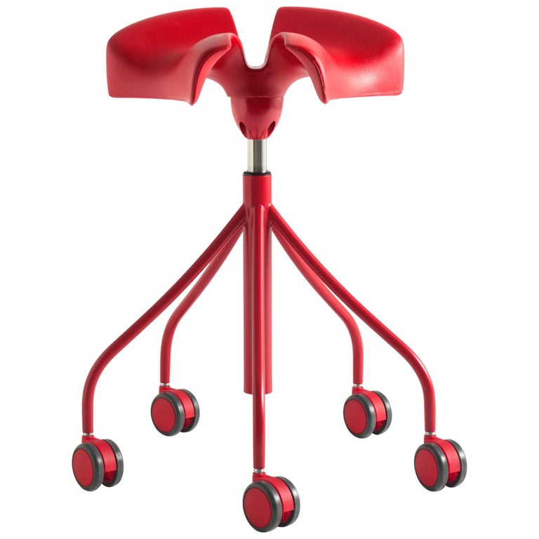 Workspace Polished Steel Finished 5 Wheels Red Binaria Stool For Sale ...