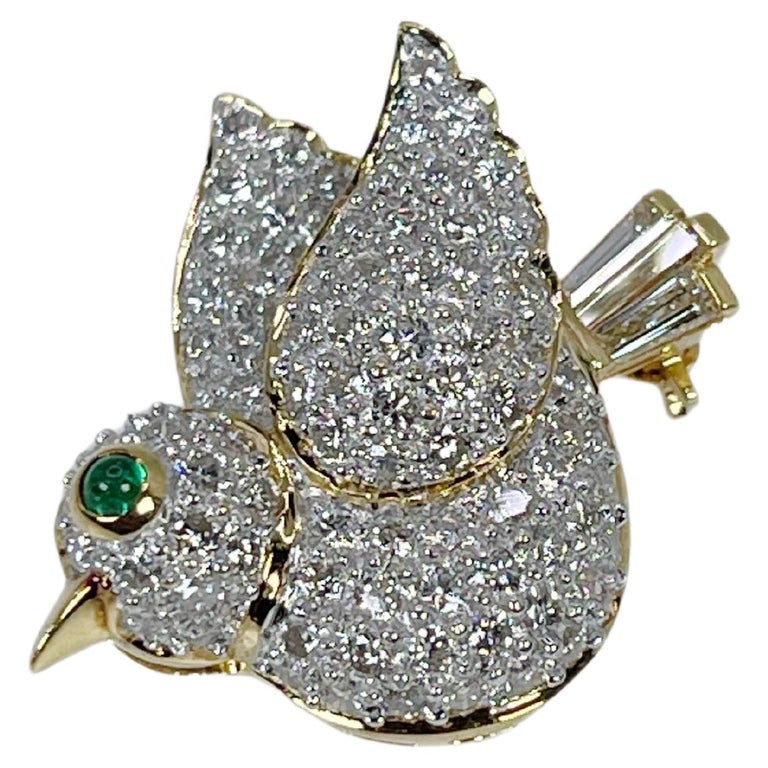 Bird Pin Diamond Brooch 18Kt Yellow Gold Rare For Sale at 1stDibs