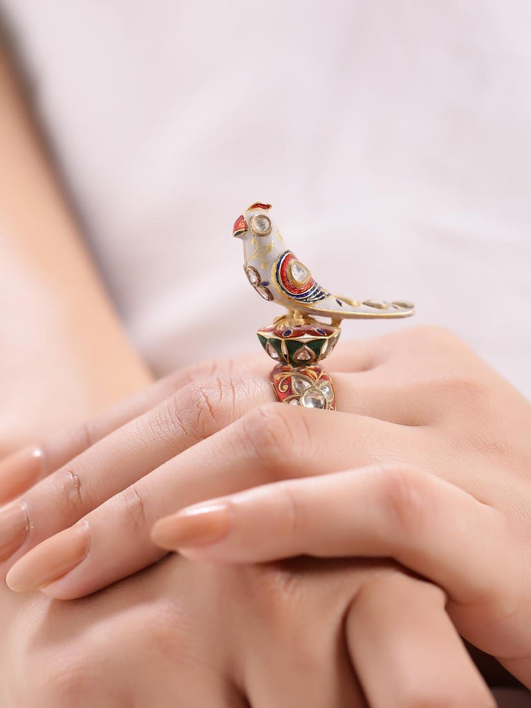 Bird Statement Ring with Diamonds, Enamel Handcrafted in 18 Karat Gold ...
