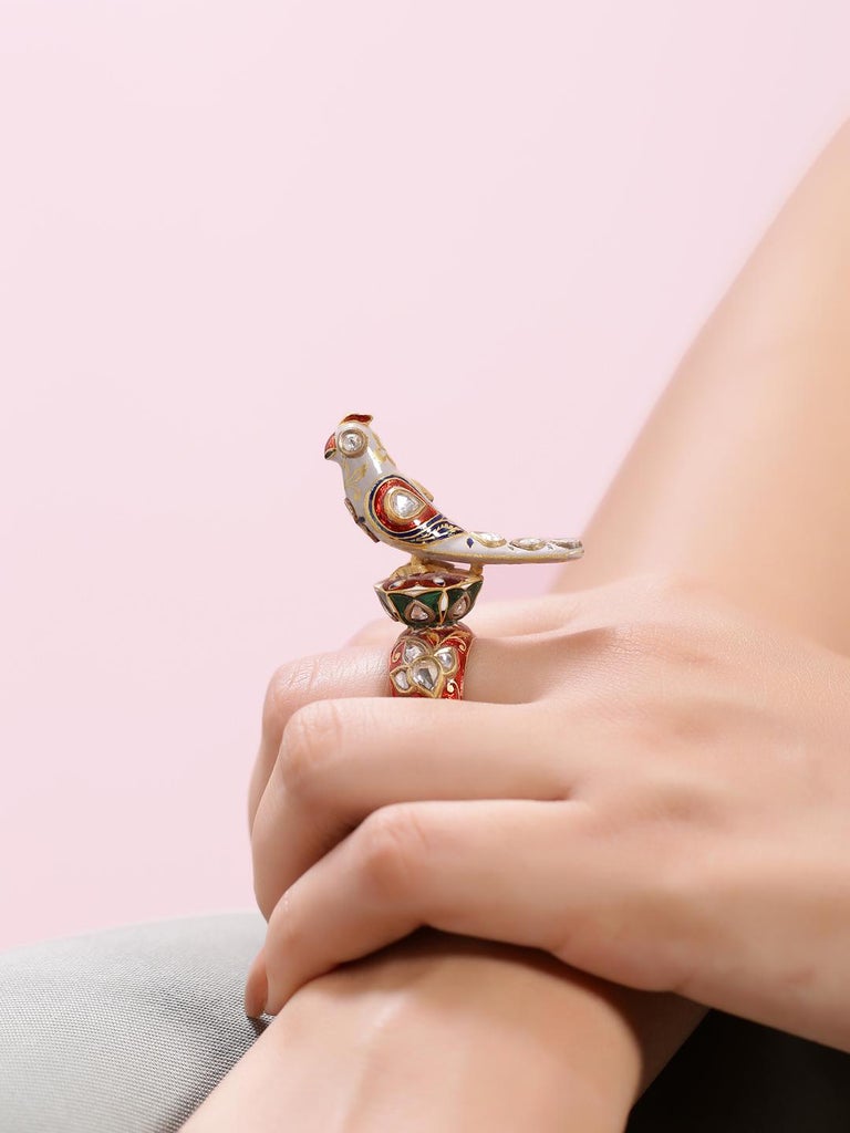 Bird Statement Ring with Diamonds, Enamel Handcrafted in 18 Karat Gold ...