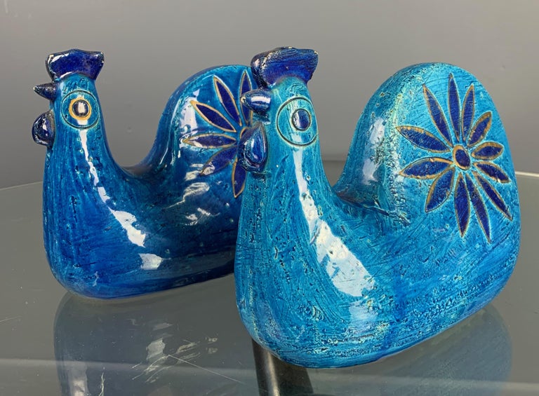 Bitossi Ceramic Chickens by Aldo Londi in Blue Rimini Glaze Midcentury ...