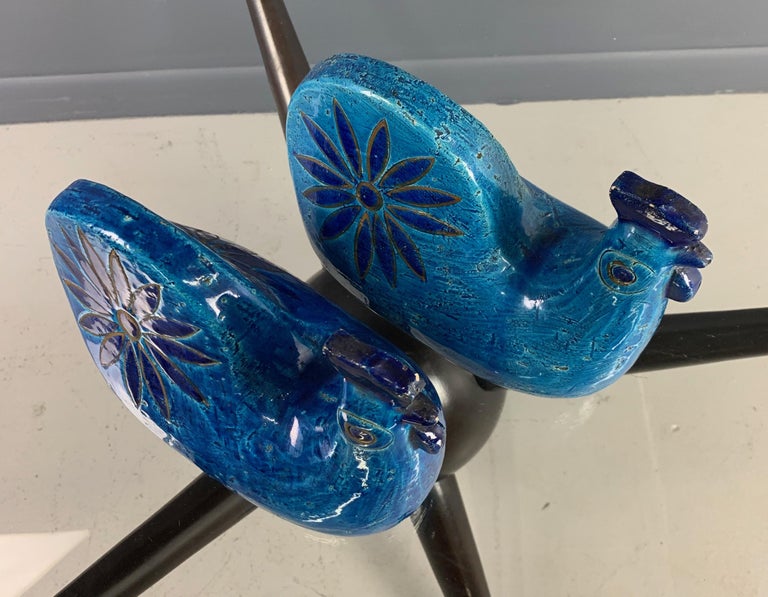 Bitossi Ceramic Chickens by Aldo Londi in Blue Rimini Glaze Midcentury ...