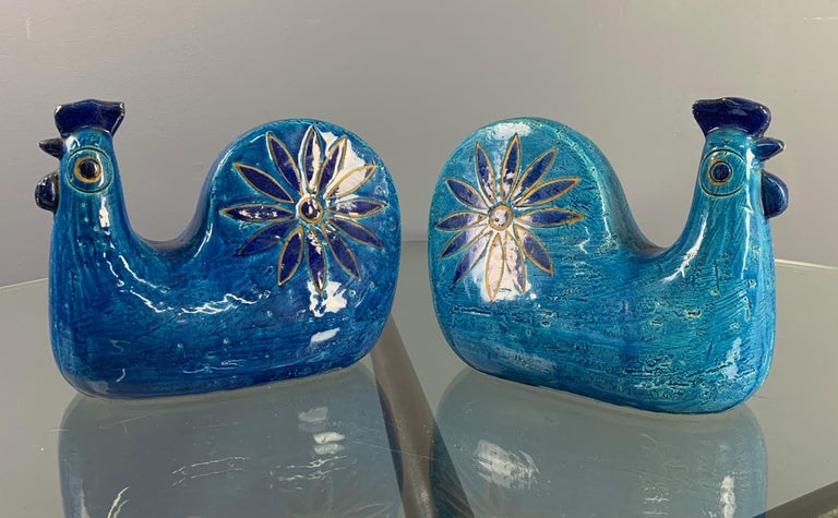 Bitossi Ceramic Chickens by Aldo Londi in Blue Rimini Glaze Midcentury ...