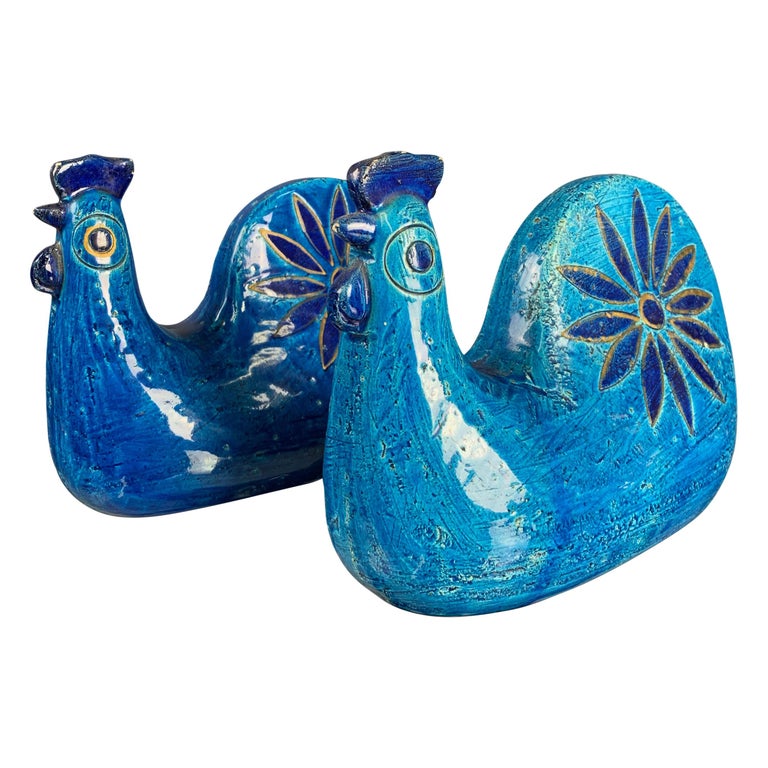 Bitossi Ceramic Chickens by Aldo Londi in Blue Rimini Glaze Midcentury ...