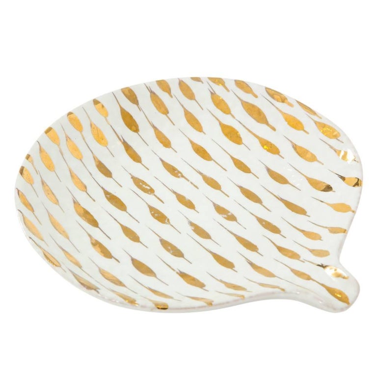 Bitossi Ceramic Tray Dish Gold Piume Feather Signed Italy, 1960s at 1stDibs