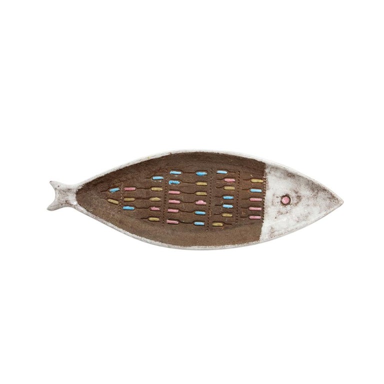 Bitossi Fish Tray, Ceramic, White, Matte Brown, Pink, Blue, Incised ...