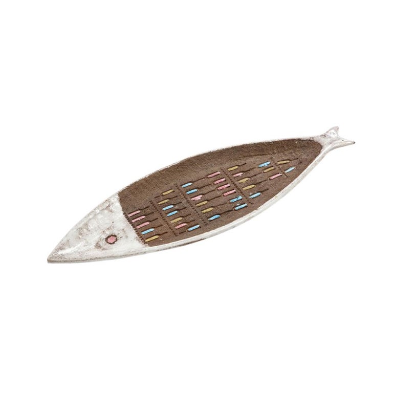 Bitossi Fish Tray, Ceramic, White, Matte Brown, Pink, Blue, Incised ...