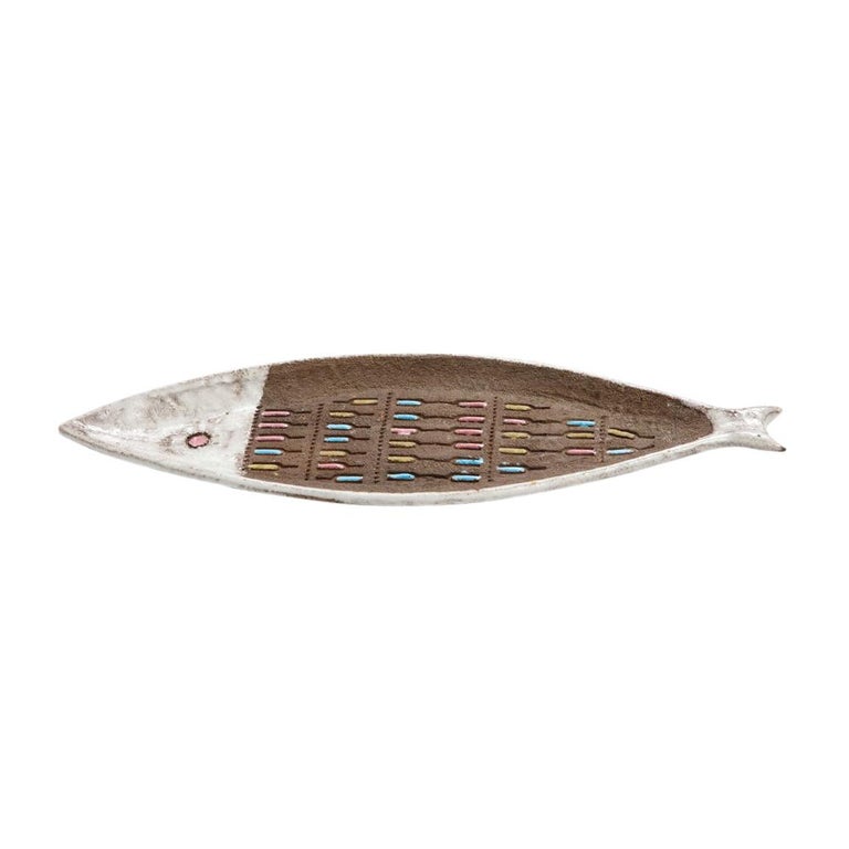 Bitossi Fish Tray, Ceramic, White, Matte Brown, Pink, Blue, Incised ...