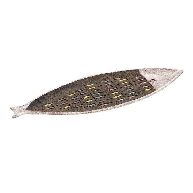 Bitossi Fish Tray, Ceramic, White, Matte Brown, Pink, Blue, Incised ...