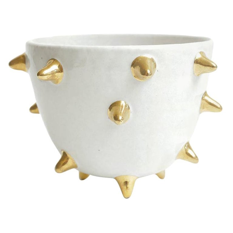 Bitossi Italian Glazed Ceramic White Bowl with Gold Ceramic Spikes ...