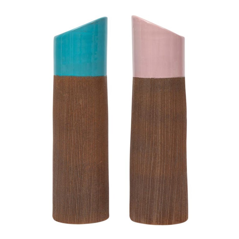 Bitossi Vases, Ceramic, Pink, Blue, Ribbed, Signed For Sale at 1stDibs