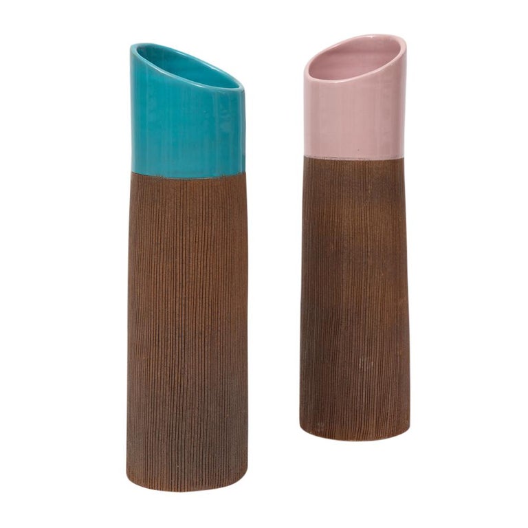 Bitossi Vases, Ceramic, Pink, Blue, Ribbed, Signed For Sale at 1stDibs
