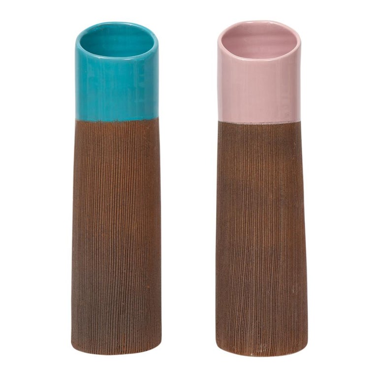 Bitossi Vases, Ceramic, Pink, Blue, Ribbed, Signed For Sale at 1stDibs