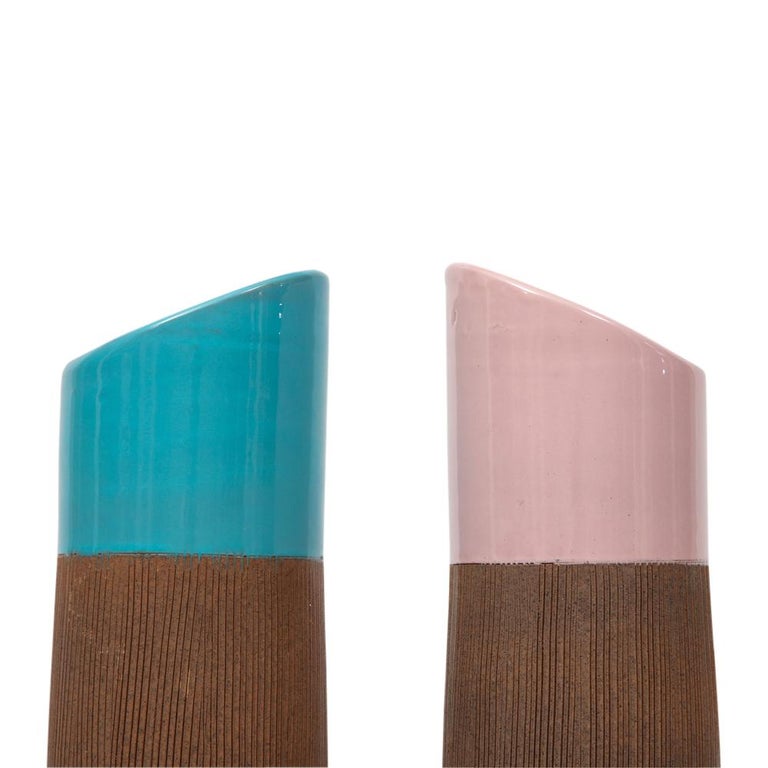 Bitossi Vases, Ceramic, Pink, Blue, Ribbed, Signed For Sale at 1stDibs