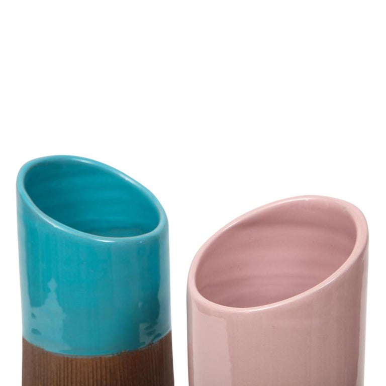 Bitossi Vases, Ceramic, Pink, Blue, Ribbed, Signed For Sale at 1stDibs