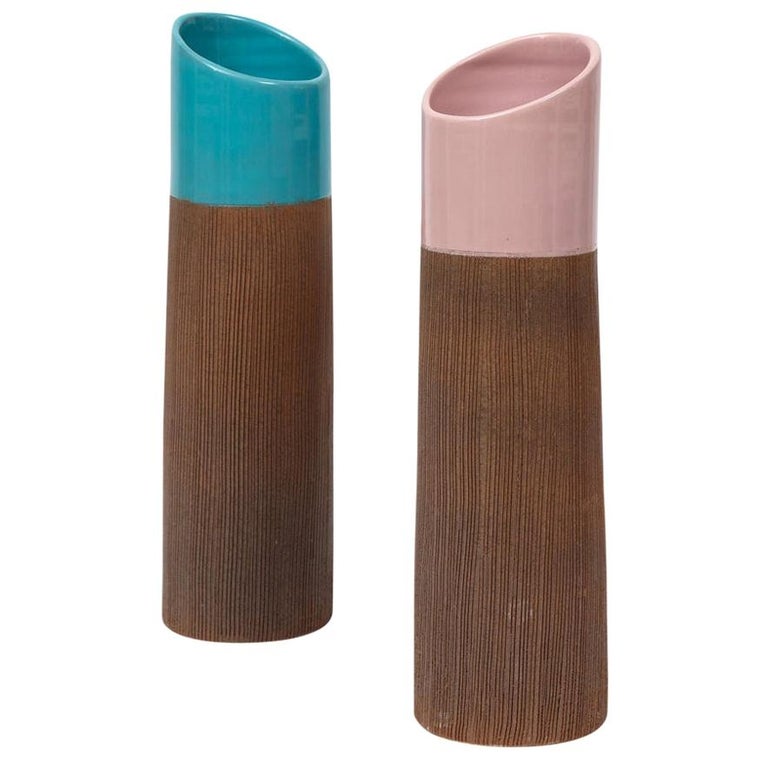 Bitossi Vases, Ceramic, Pink, Blue, Ribbed, Signed For Sale at 1stDibs