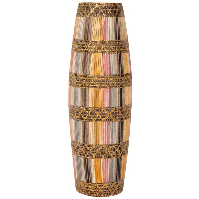 Bitossi Seta Vase, Ceramic, Pink, Gold and Blue, Signed For Sale at 1stDibs