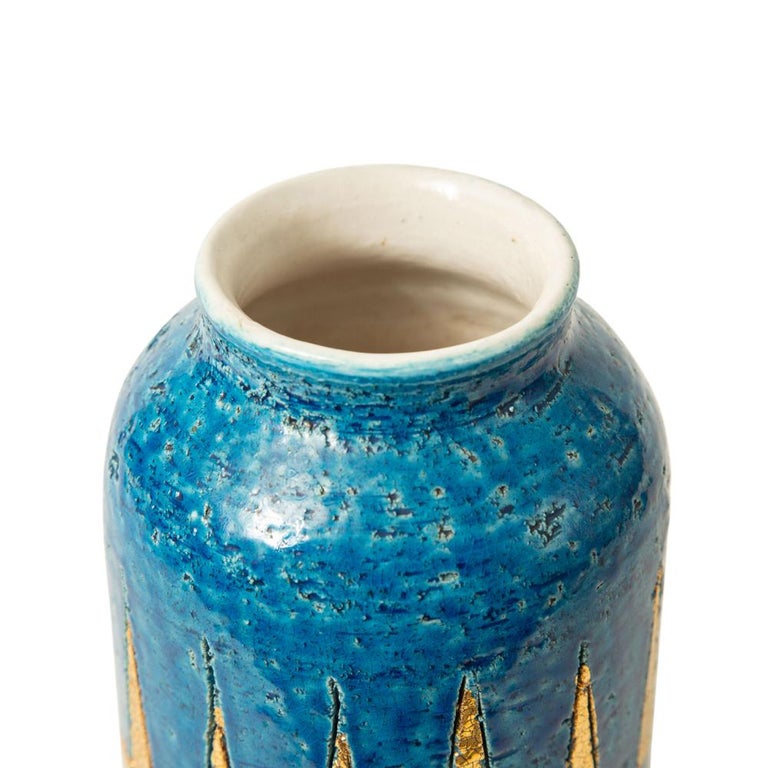 Bitossi Vase, Ceramic, Blue and Gold, Geometric, Signed For Sale at 1stDibs