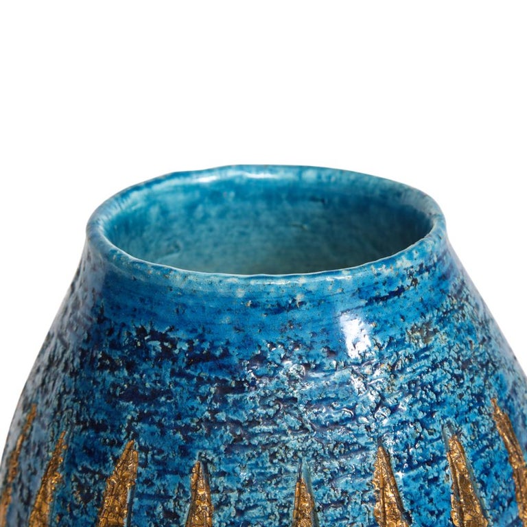 Bitossi Vase, Ceramic, Blue and Gold, Geometric, Signed For Sale at 1stDibs