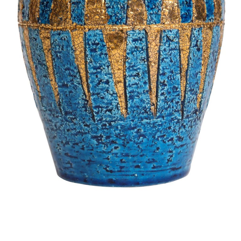 Bitossi-Vase, Keramik, Blau und Gold, Geometrisch, signiert im Angebot ...