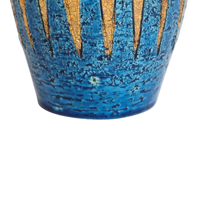 Bitossi Vase, Ceramic, Blue and Gold, Geometric, Signed For Sale at 1stDibs