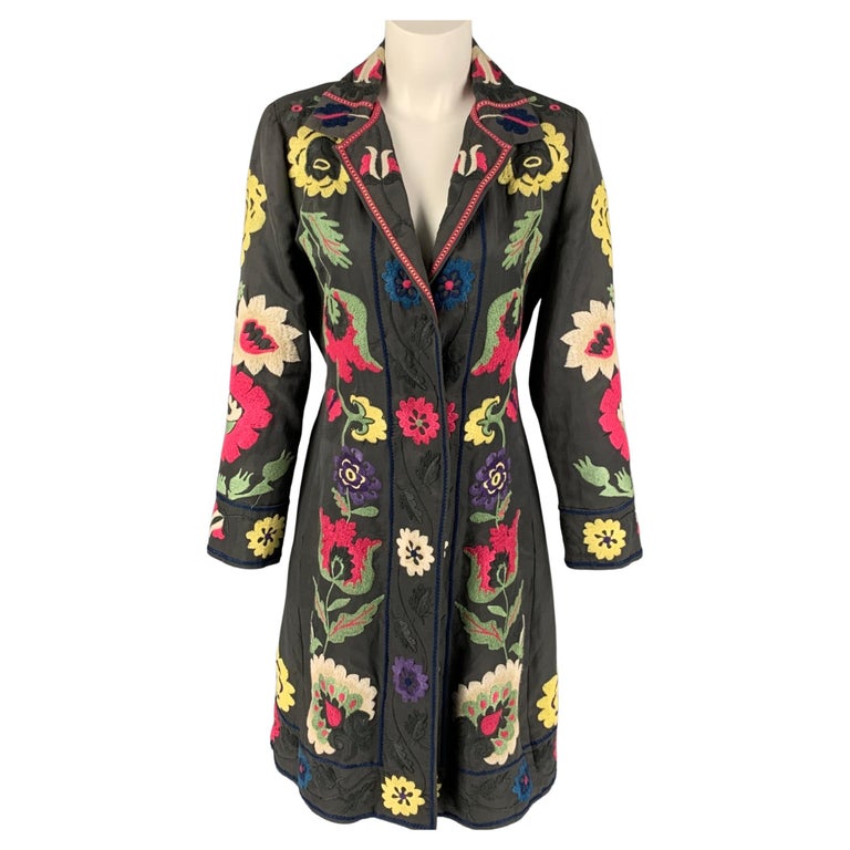 BIYA Size S Grey Multi-Color Rayon Linen Embroidered Hidden Snaps Coat ...