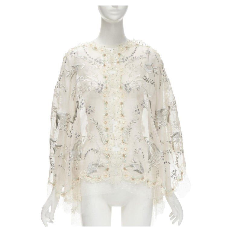 BIYAN beige 3D intricate lace bead crystal embellished cape top XS For ...